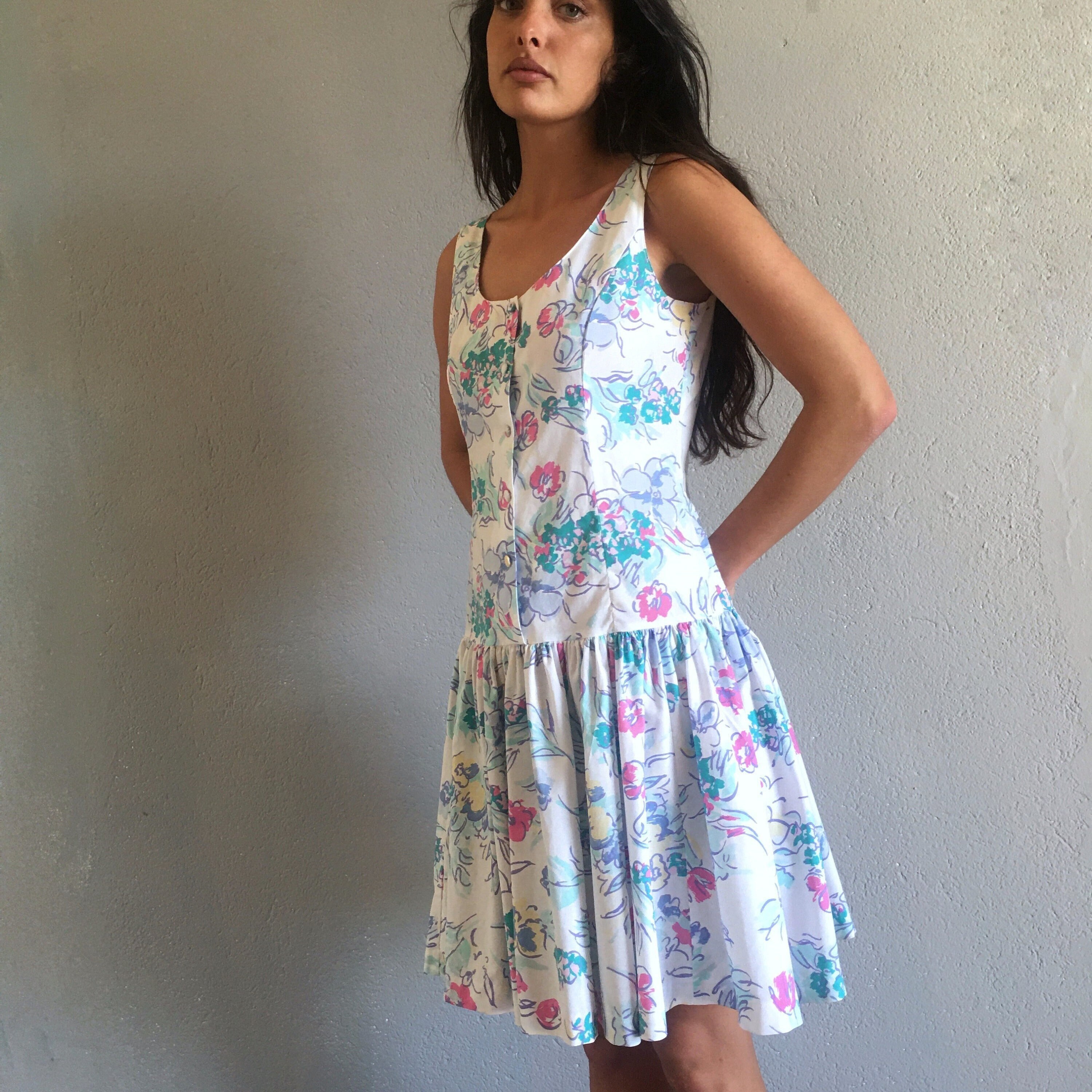 Laura Ashley 80s Vintage Folk Mini Tank Cotton Dress, Cute Romantic ...