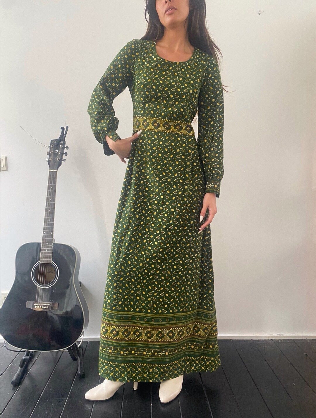 Vintage 70s Prairie Folk Print Moss Maxi Dress, Party Festival Boho ...