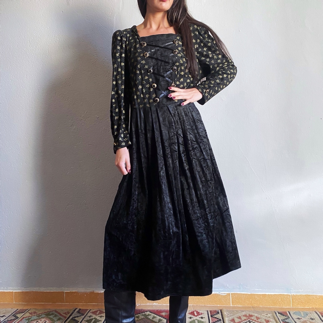 Vintage 70s Folk Velvet Bohemian Party Midi Dress, Dark Romantic Goth ...