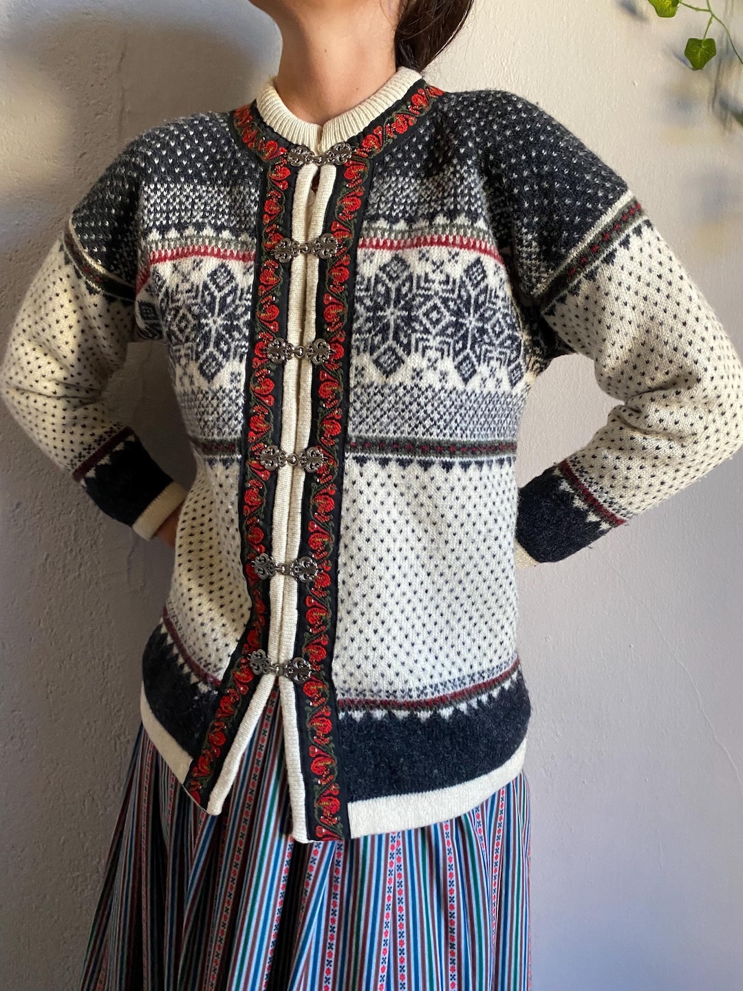 Vintage Norwegian Pure Wool Folk Nomadic Knit Cardigan, Scandinavian ...