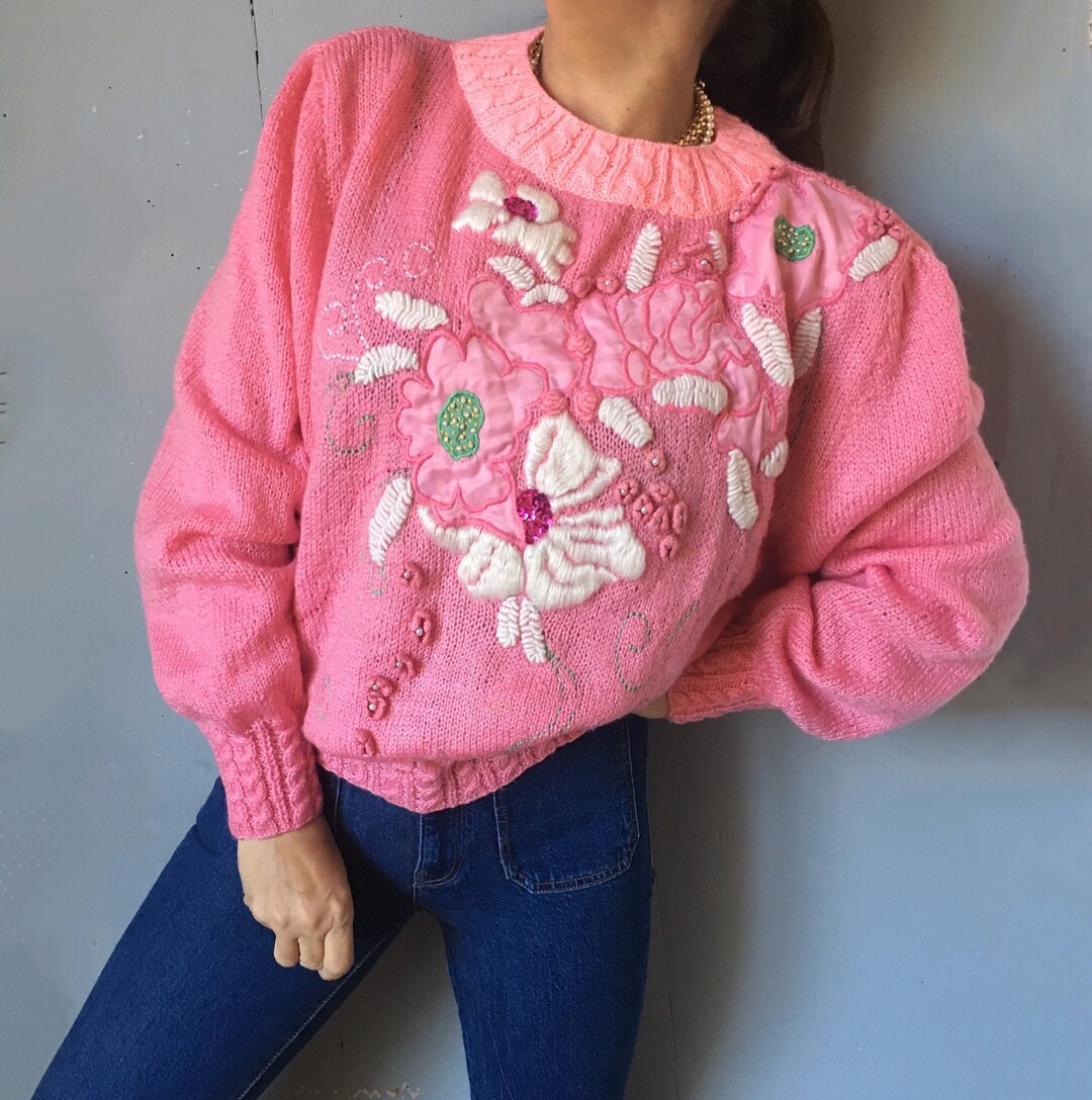 Vintage 80s Handmade Embroidery Bubblegum Sweater, Romantic Crochet ...