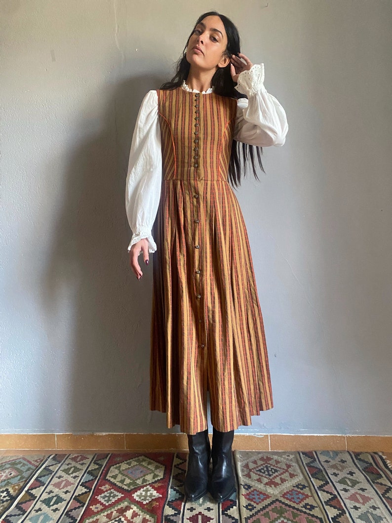 Vintage 70s Victorian Pinafore Folk Prairie Mustard Cotton Dress ...