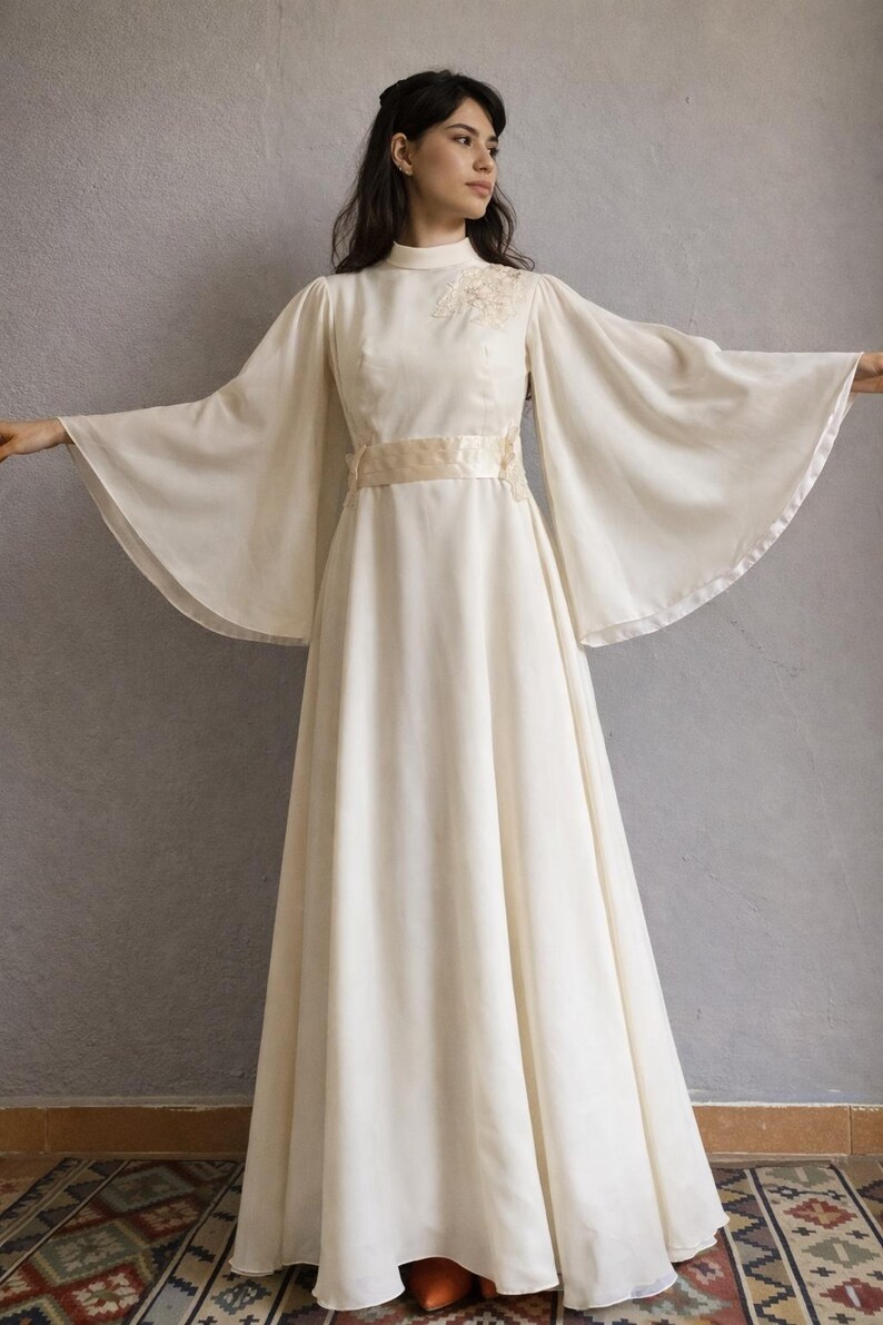 Vintage 70s Ivory Wedding Dress, Angel Sleeves High Neck Modest Bridal ...