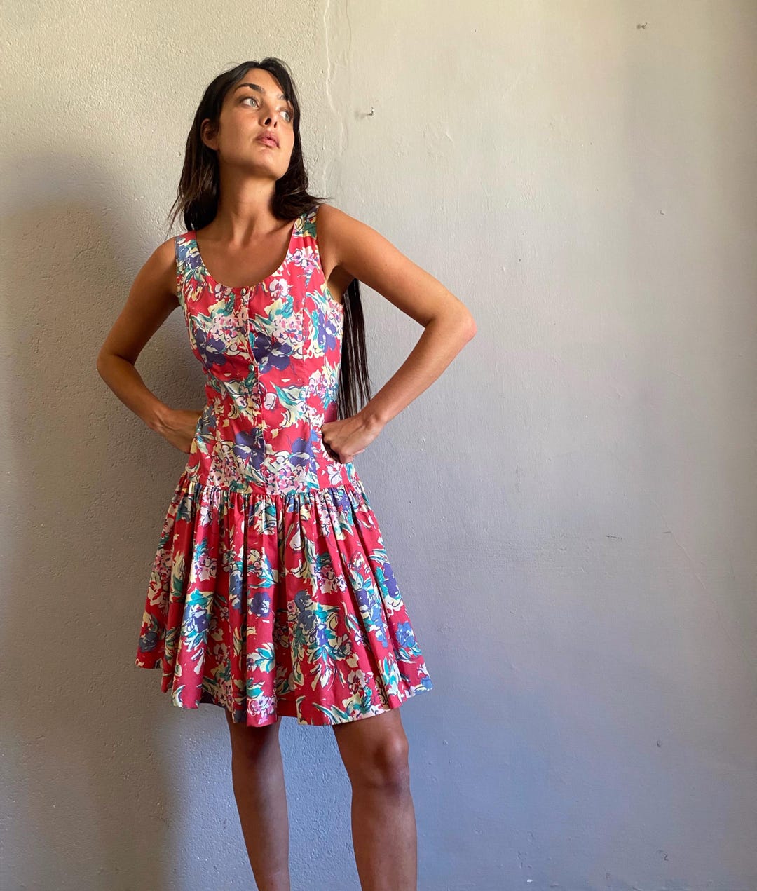 Laura Ashley 80s Summer Vintage Folk Revival Mini Tank Bold Print Dress ...