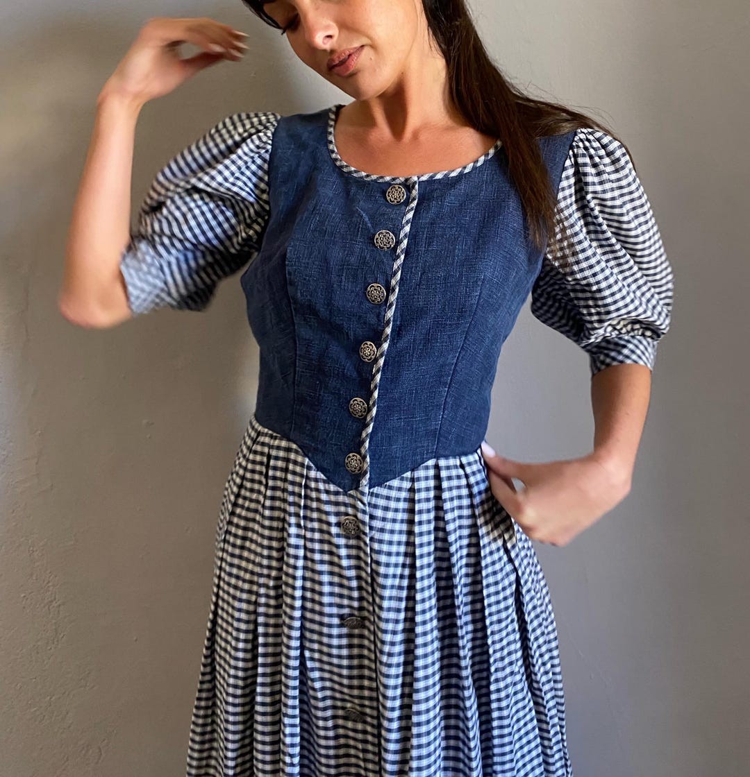 Vintage Austrian Folk Dirndl Dress, Indigo Linen Cotton Bodice Gingham ...