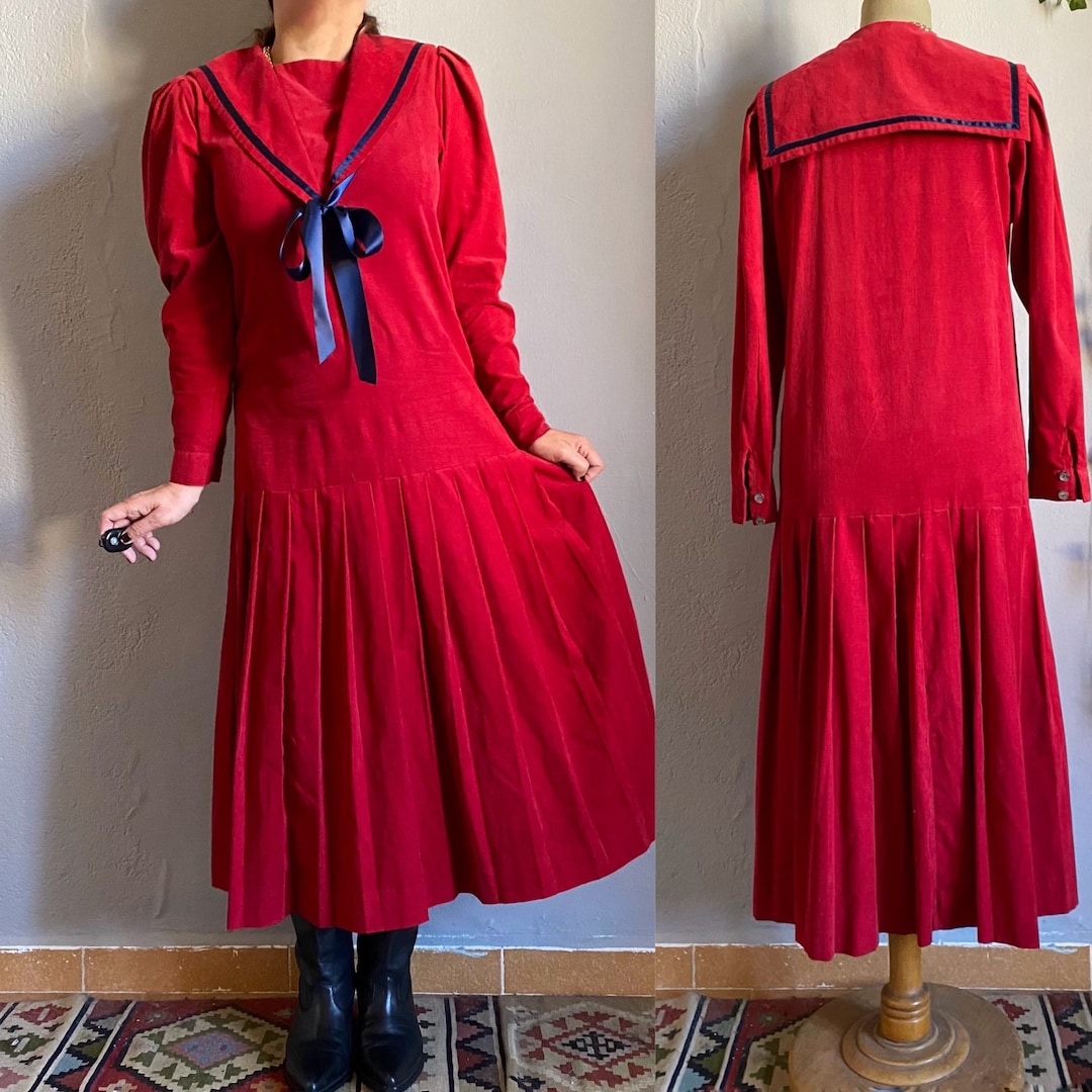 Laura Ashley 80s Vintage Sailor Corduroy Tomato Dress, Puffy Sleeve Low ...