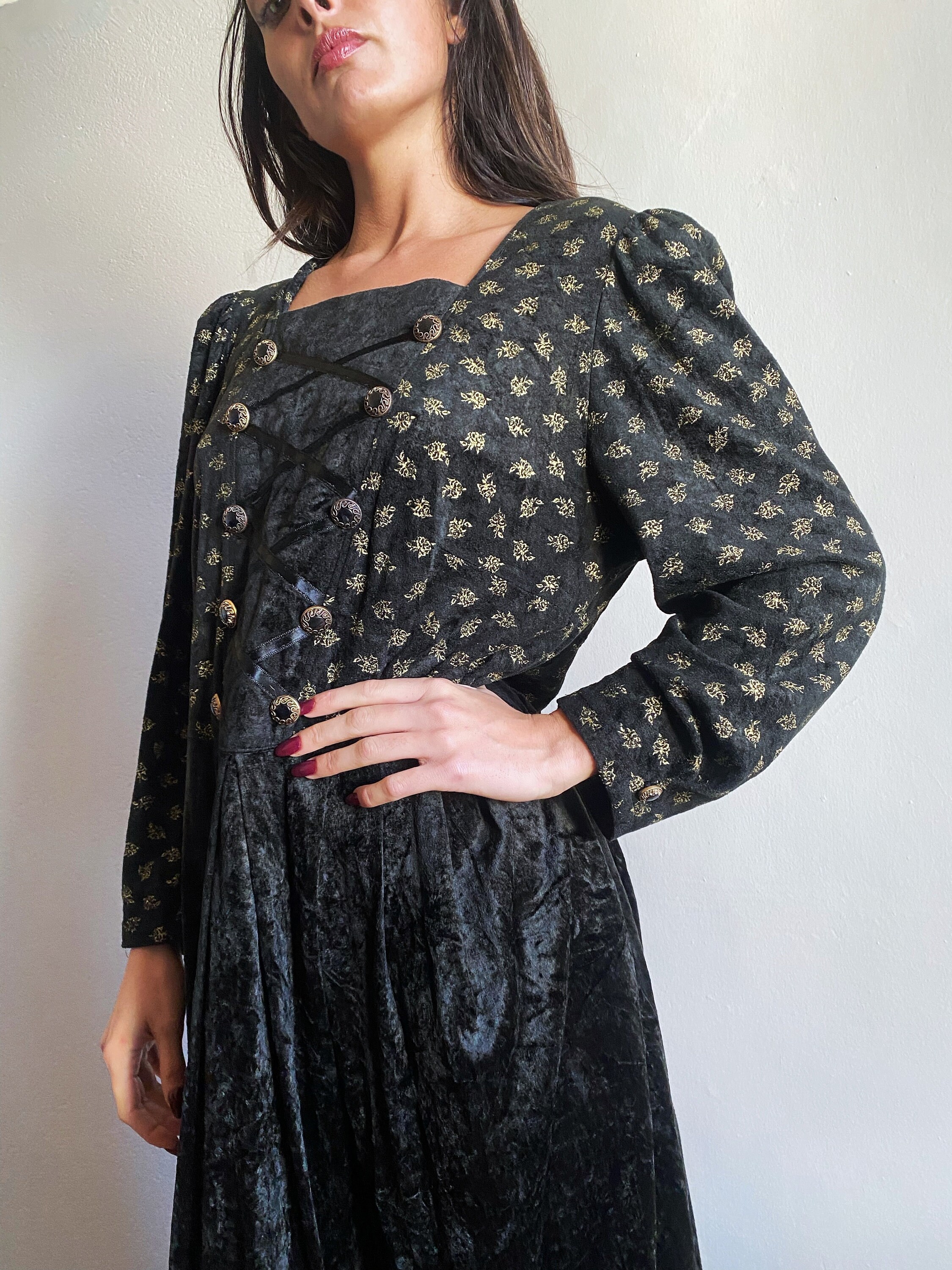Vintage 70s Folk Velvet Bohemian Party Midi Dress, Dark Romantic Goth ...