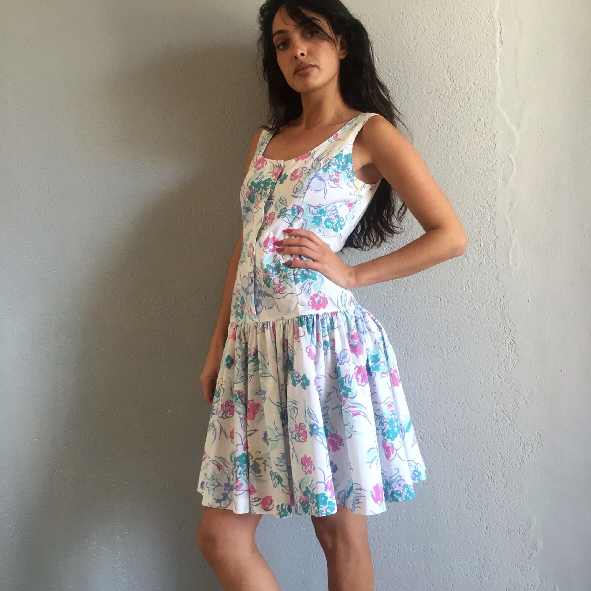 Laura Ashley 80s Vintage Folk Mini Tank Cotton Dress, Cute Romantic ...