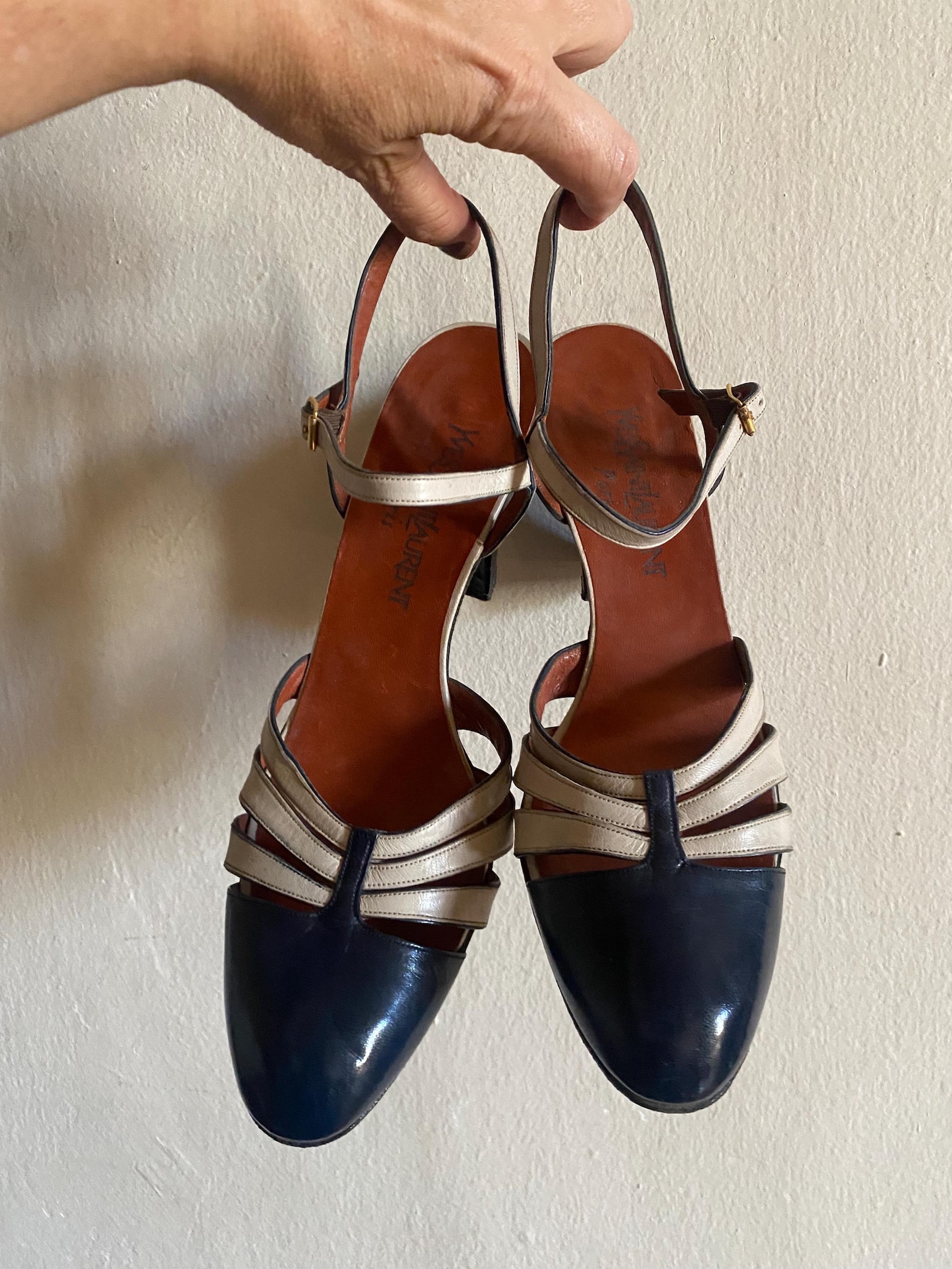 Vintage 80s Yves Saint Laurent Paris Leather Ankle Strap Heels, Navy ...