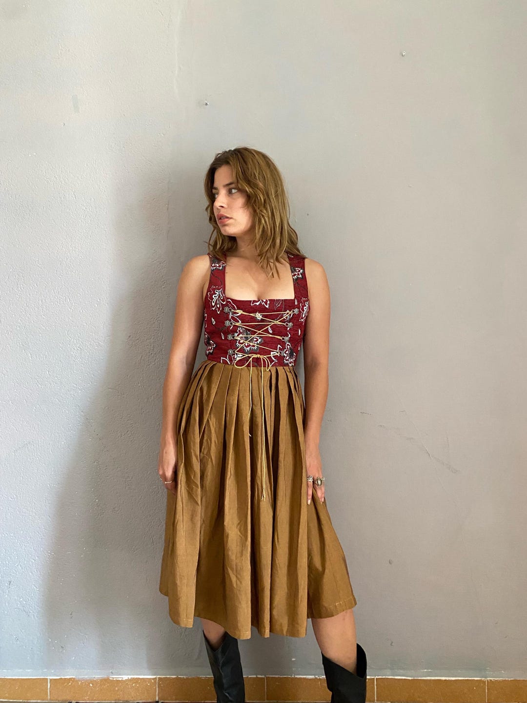 Vintage Austrian Dirndl Folk Pinafore Dress, Tapestry Corset Tie Bodice ...
