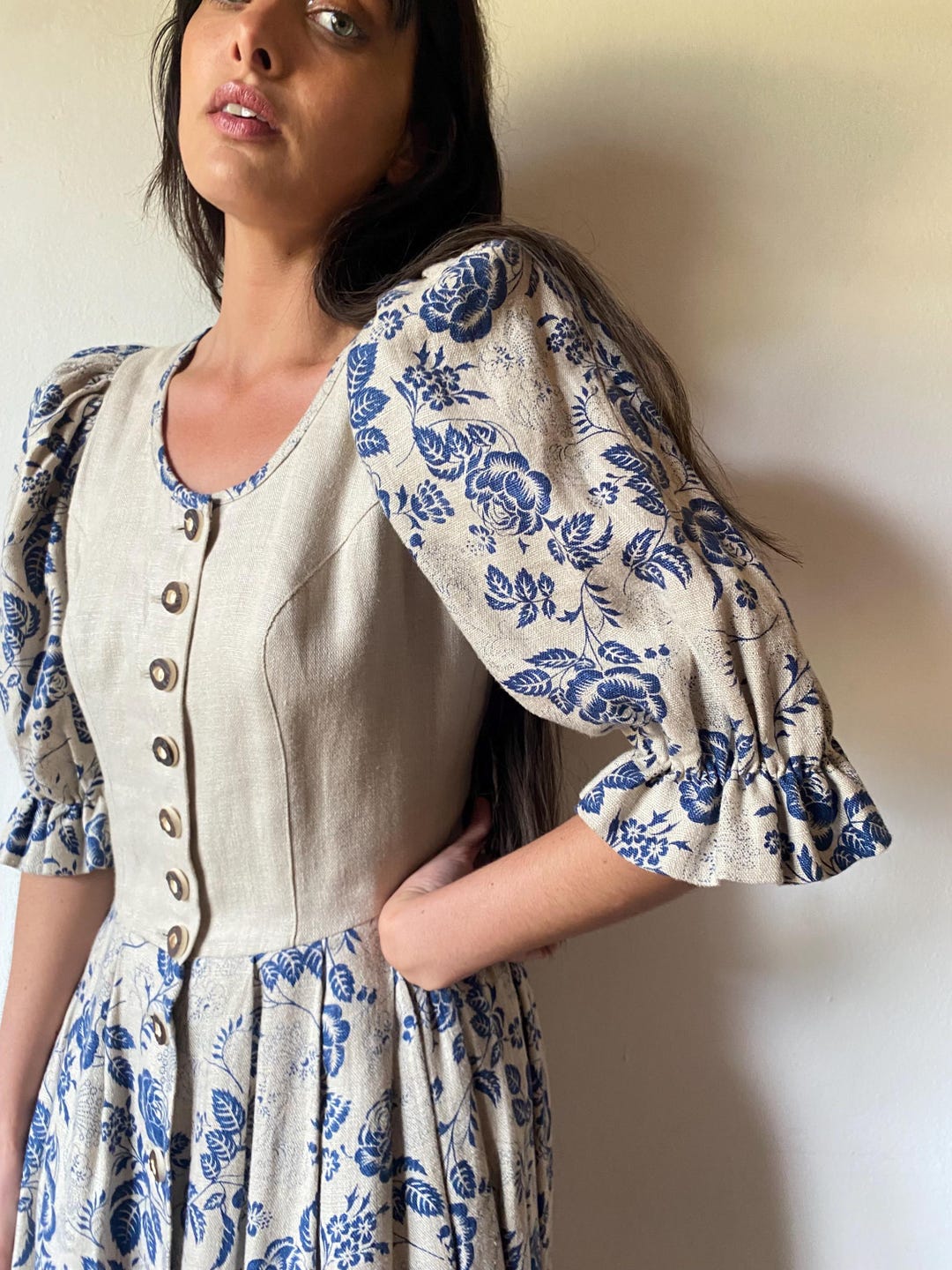 Vintage Dirndl Folk Revival Linen Ecru Indigo Apron & Dress, Party ...