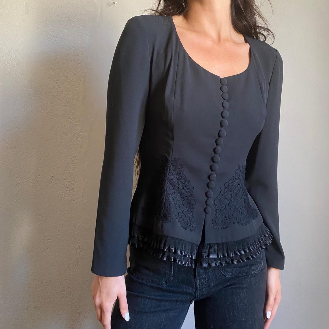 Vintage 90s Brunella Black Lace Trim Blouse, Elegant Frilly Peplum ...