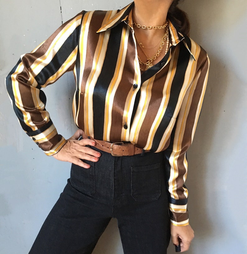Vintage Striped Satin Shiny Bohemian Shirt, Button up Pointed Collar ...