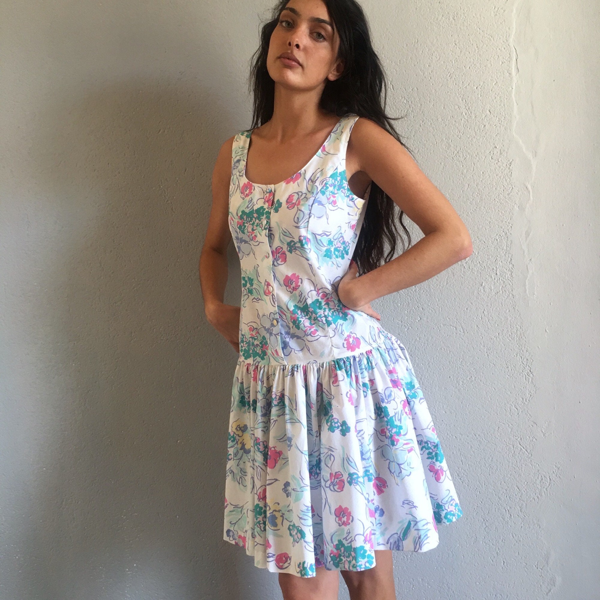 Laura Ashley 80s Vintage Folk Mini Tank Cotton Dress, Cute Romantic ...