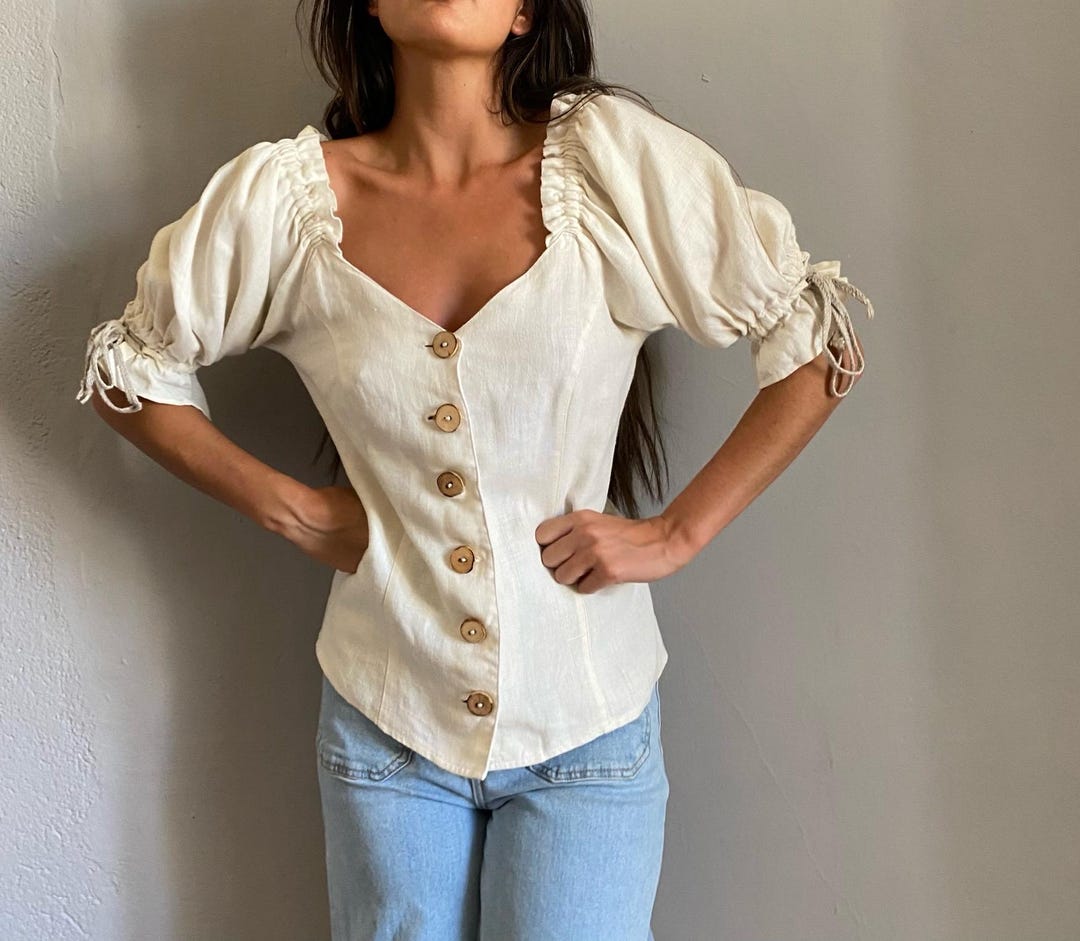 Vintage Dirndl Tyrolean Corset Bodice Folk Ecru Linen Shirt, off ...