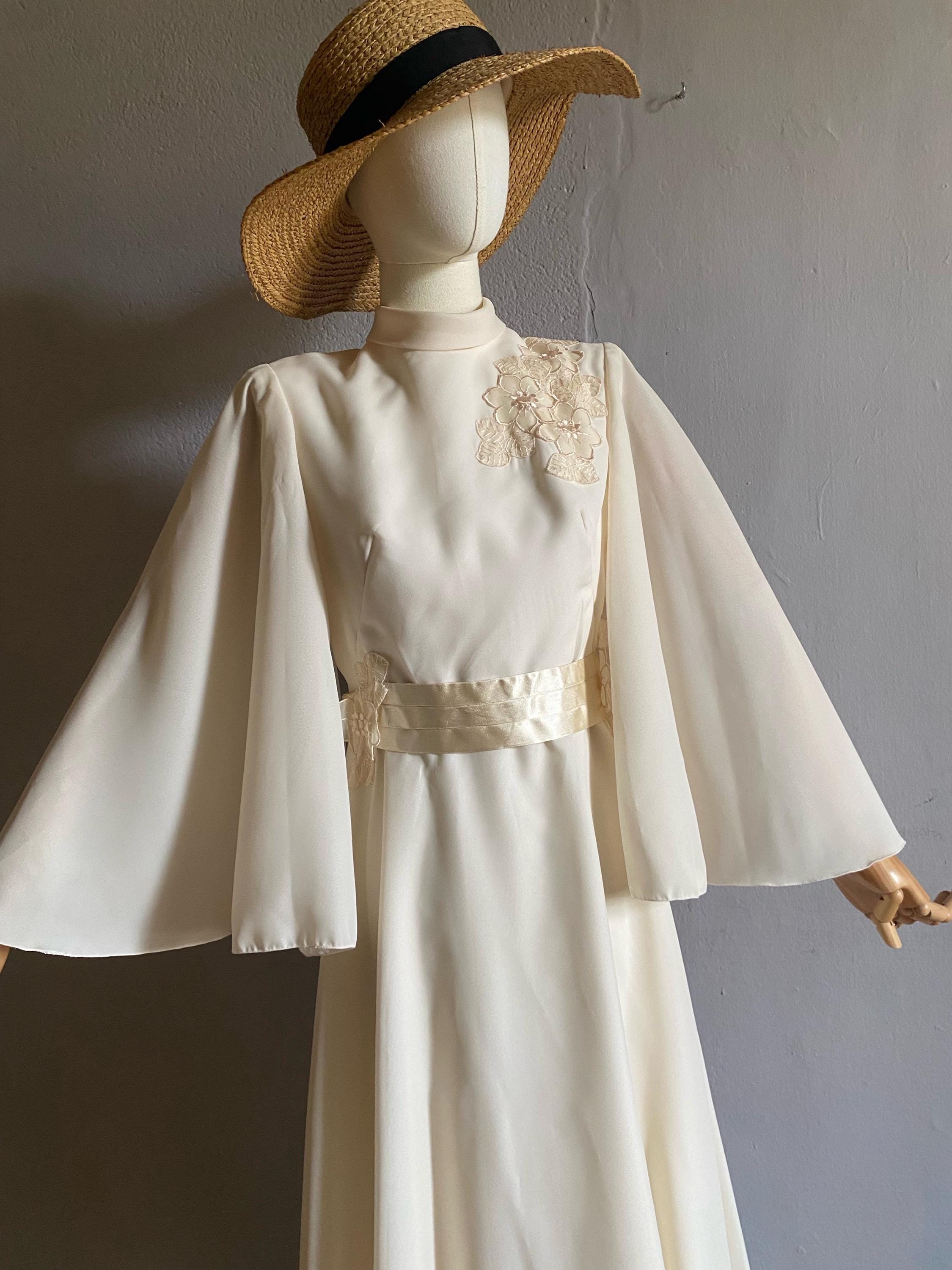 Vintage 70s Ivory Wedding Dress, Angel Sleeves High Neck Modest Bridal ...