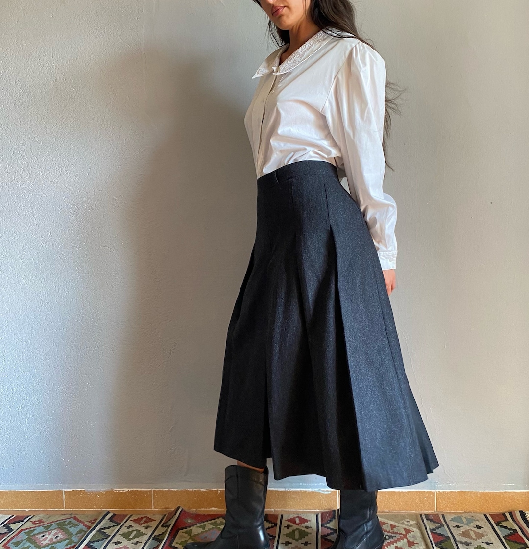 Vintage Pure Wool Culotte High Waist Midi Dark Gray Dressy Pleat Skirt ...