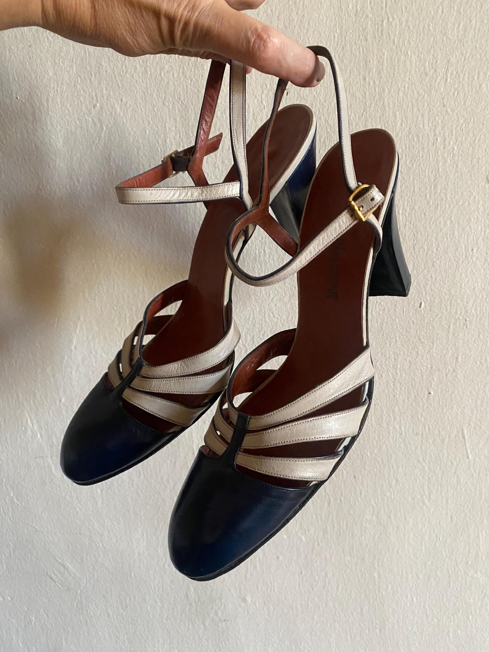 Vintage 80s Yves Saint Laurent Paris Leather Ankle Strap Heels, Navy ...