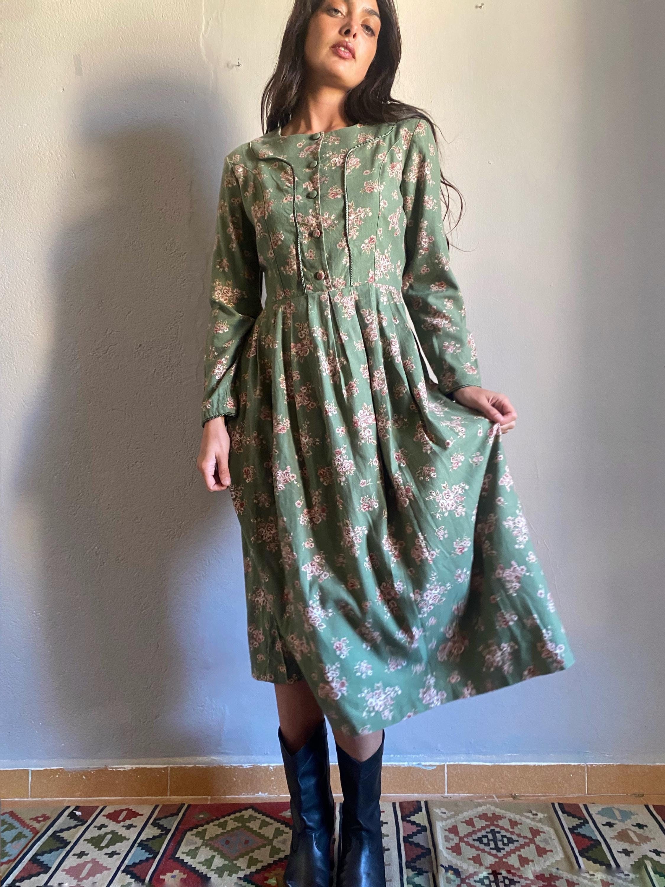 Laura Ashley Vintage 80s Prairie Midi Dress, Moss Green Floral Cotton ...