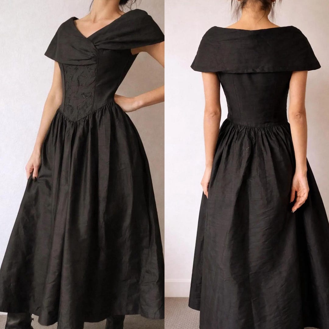 Laura Ashley Vintage 80s Black Silk Cocktail Dress, Embroidered Bodice ...