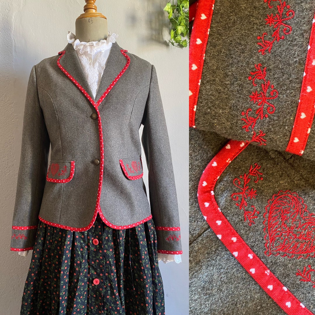 Vintage Boiled Wool Embroidery Tyrolean Dirndl Trachten Bavarian Jacket ...