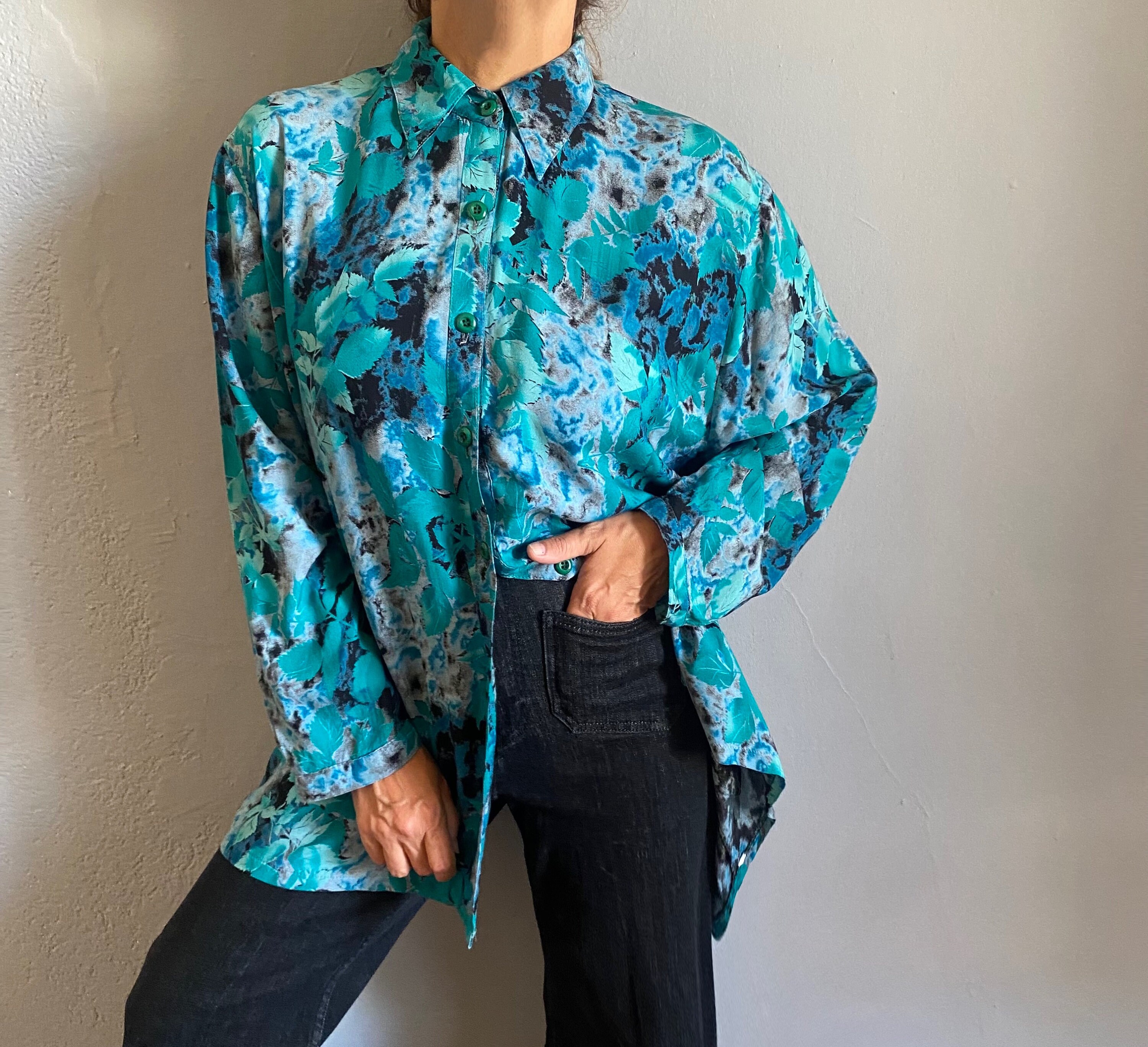 Vintage Maximalist Funky Bold Print Turquoise 90s Aesthetic Shirt ...