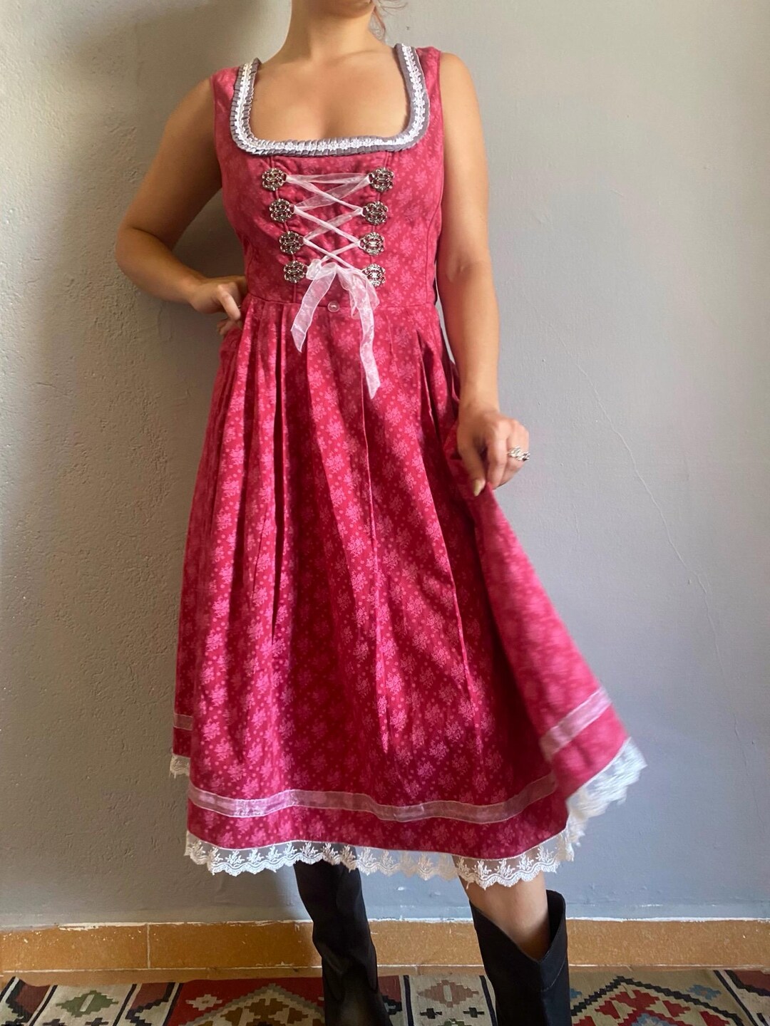 Vintage 80s Austrian Fuchsia Dirndl Dress, Corset Bodice Floral Cotton ...