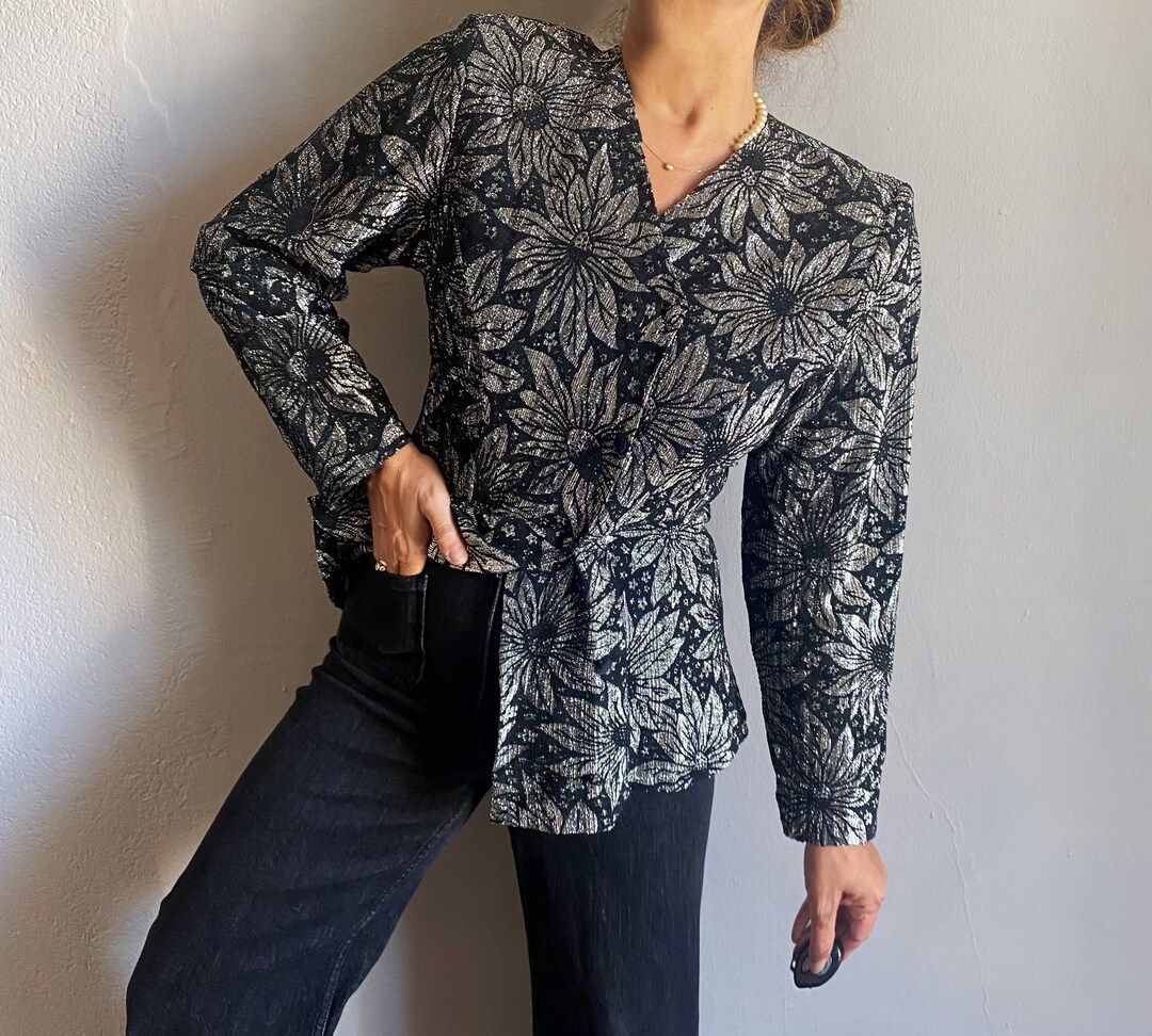 Vintage 80s Rococo Lace Silver Floral Brocade Party Shirt, Shiny ...