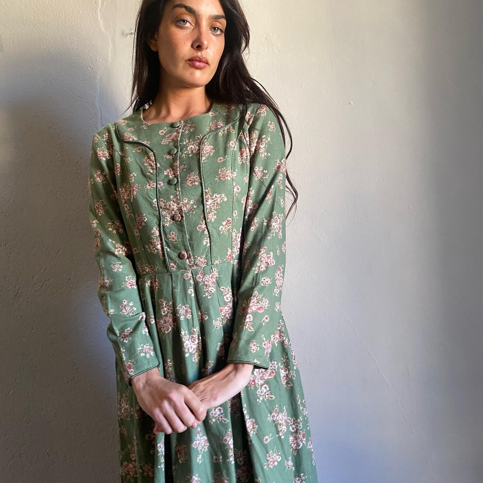 Laura Ashley Vintage 80s Prairie Midi Dress, Moss Green Floral Cotton ...