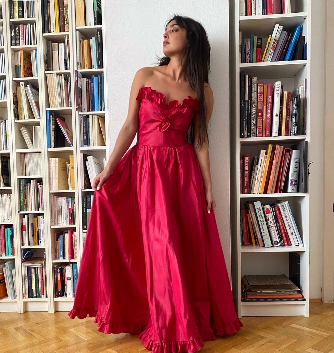Vintage 80s off Shoulder Party Coquette Strawberry Fuchsia Ruffle ...