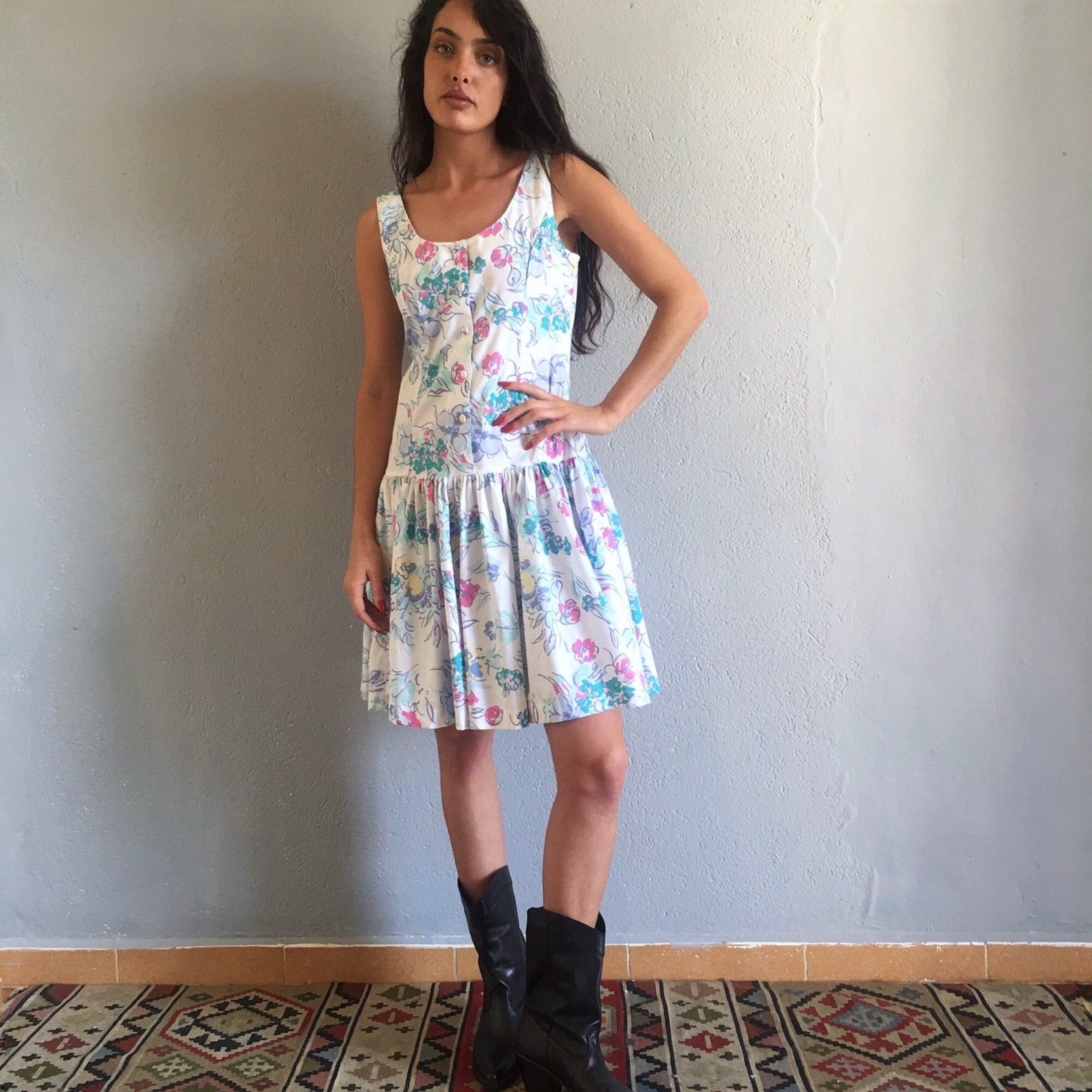 Laura Ashley 80s Vintage Folk Mini Tank Cotton Dress, Cute Romantic ...