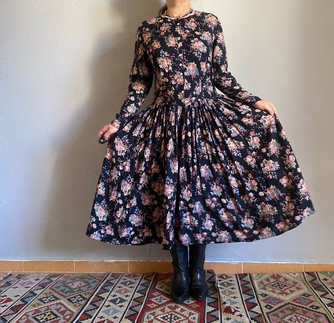 Vintage 80s Cottagecore Modest Romantic Folk Print Navy Dress, Bohemian ...