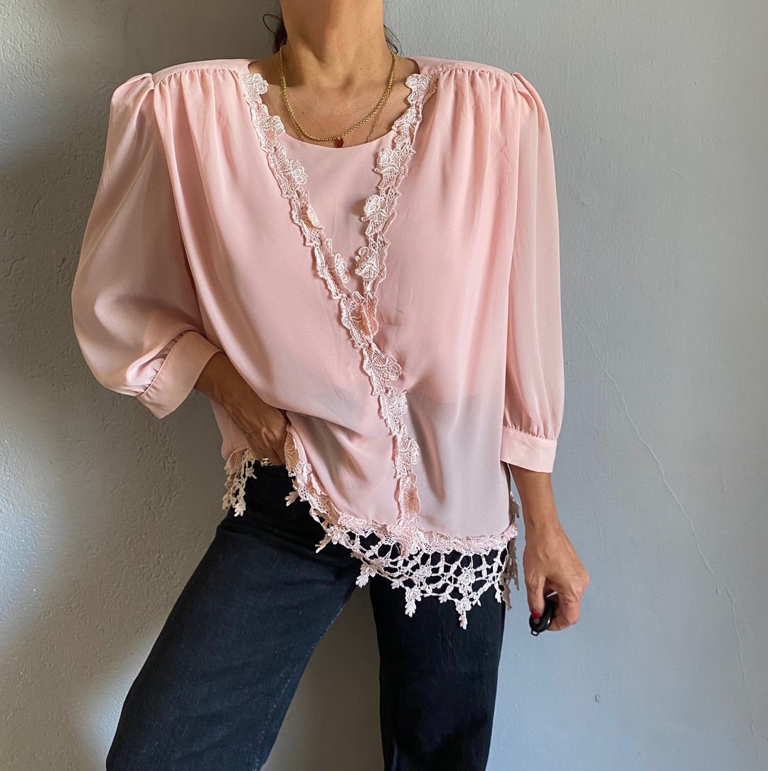 Vintage Elegant Lace Pale Pink Button Back Party Gauze Shirt, Cocktail ...