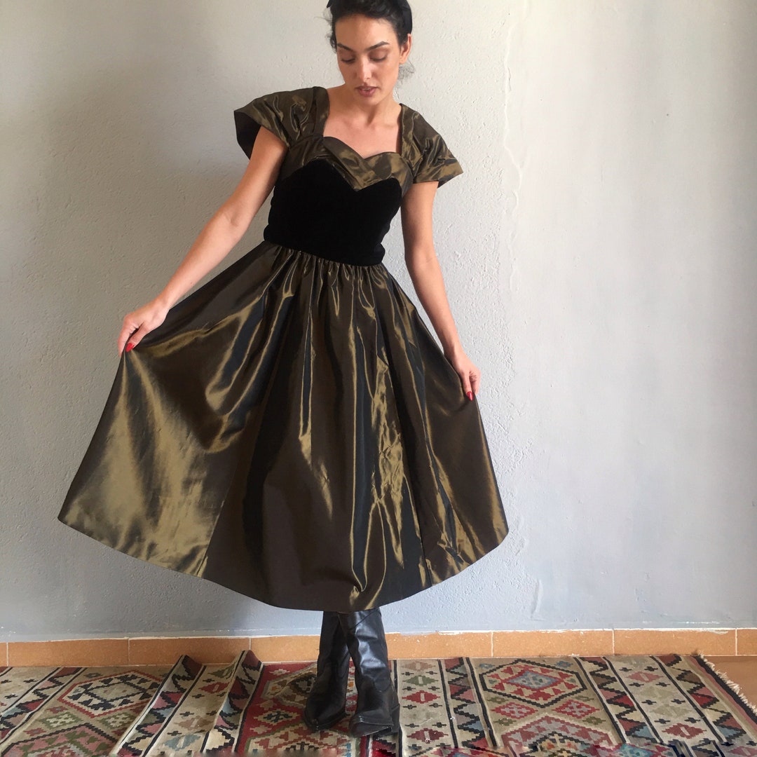 Laura Ashley Vintage 80s Taffeta Velvet Party Corset Bronze Dress ...