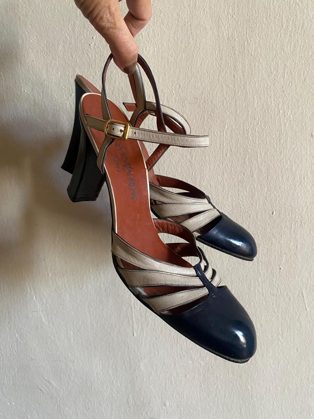 Vintage 80s Yves Saint Laurent Paris Leather Ankle Strap Heels, Navy ...