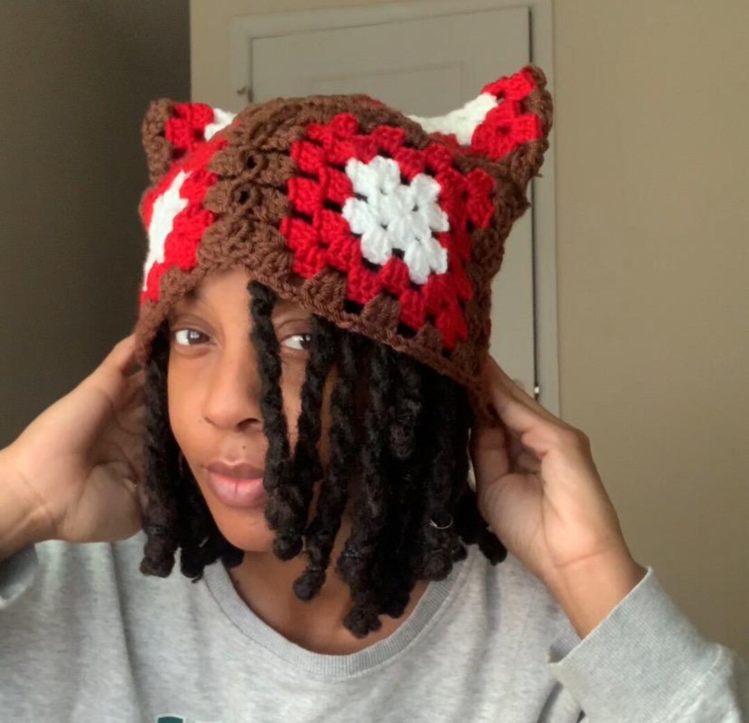 Granny Square Cat Hat/brownredwhite - Etsy