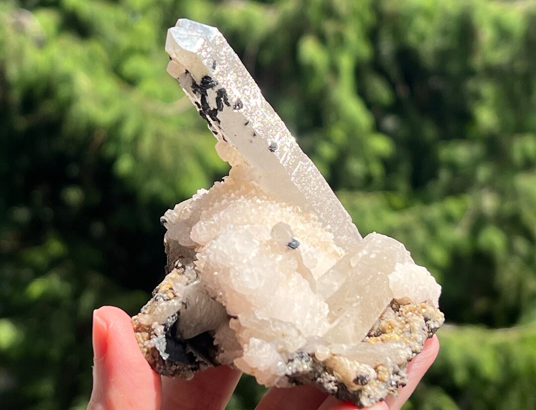 Inner Mongolia Quartz Crystal With Calcite and Specular Hematite -- With FLUORESCENCE -- From ...