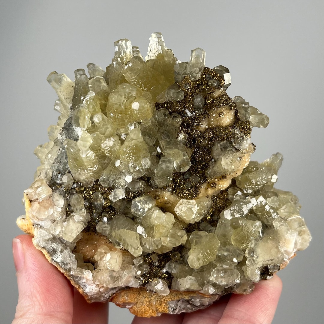 Anhui Light Yellow Calcite Crystal Cluster With Chalcopyrite-- Unique ...
