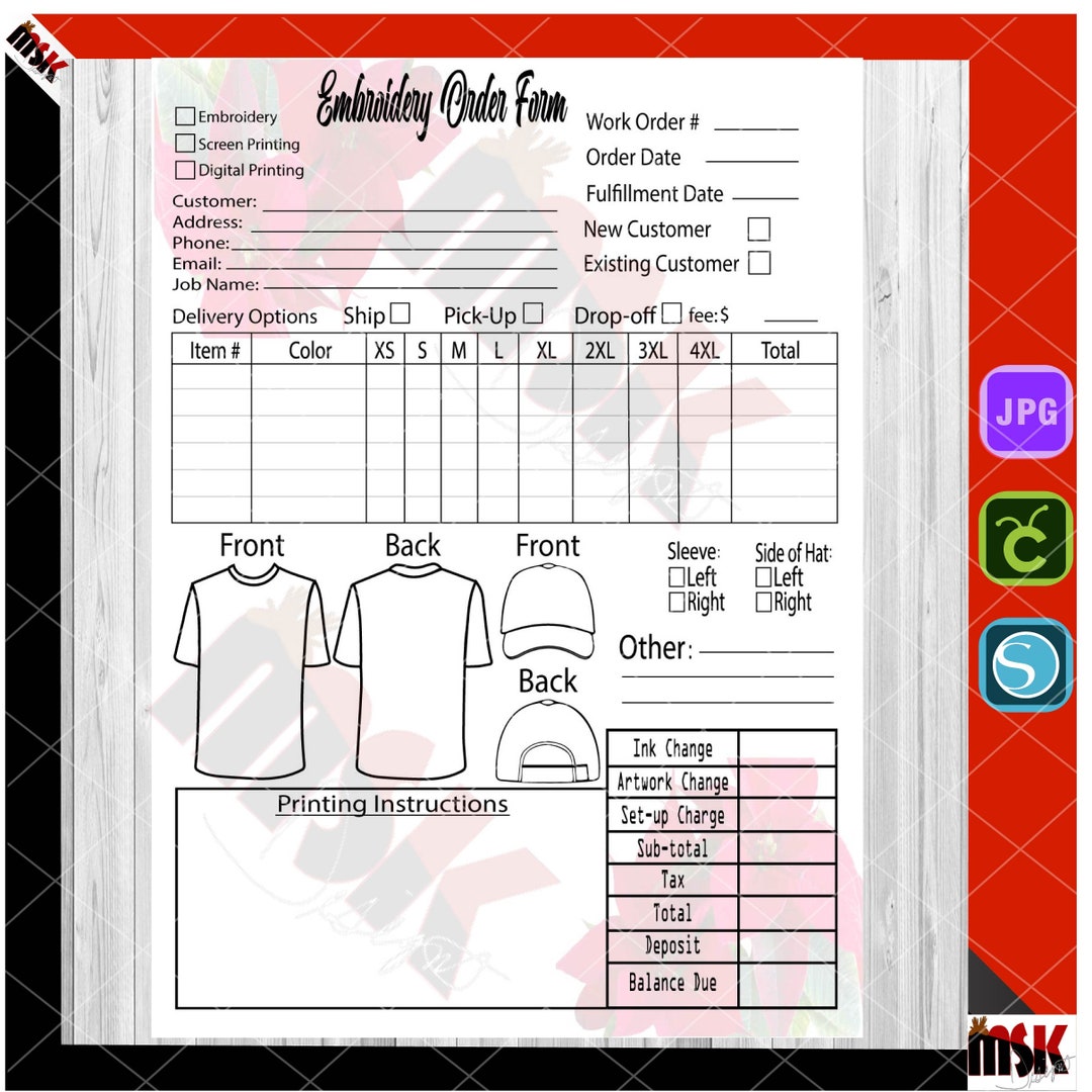 Embroidery Order Form Jpg, Printable, Logo Personalization Available - Etsy