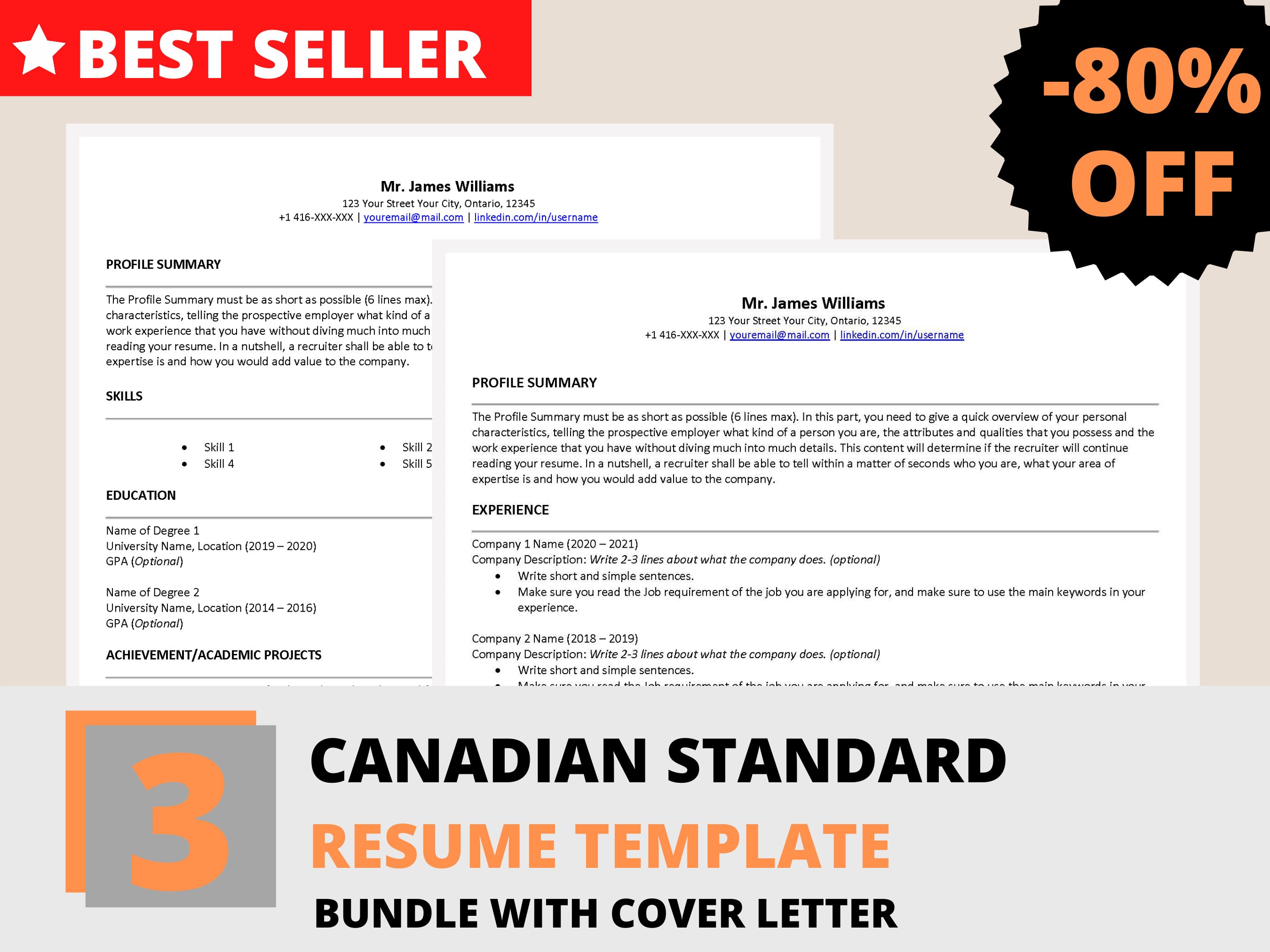 Canadian Resume Template Word, Canadian CV Template, Professional ...