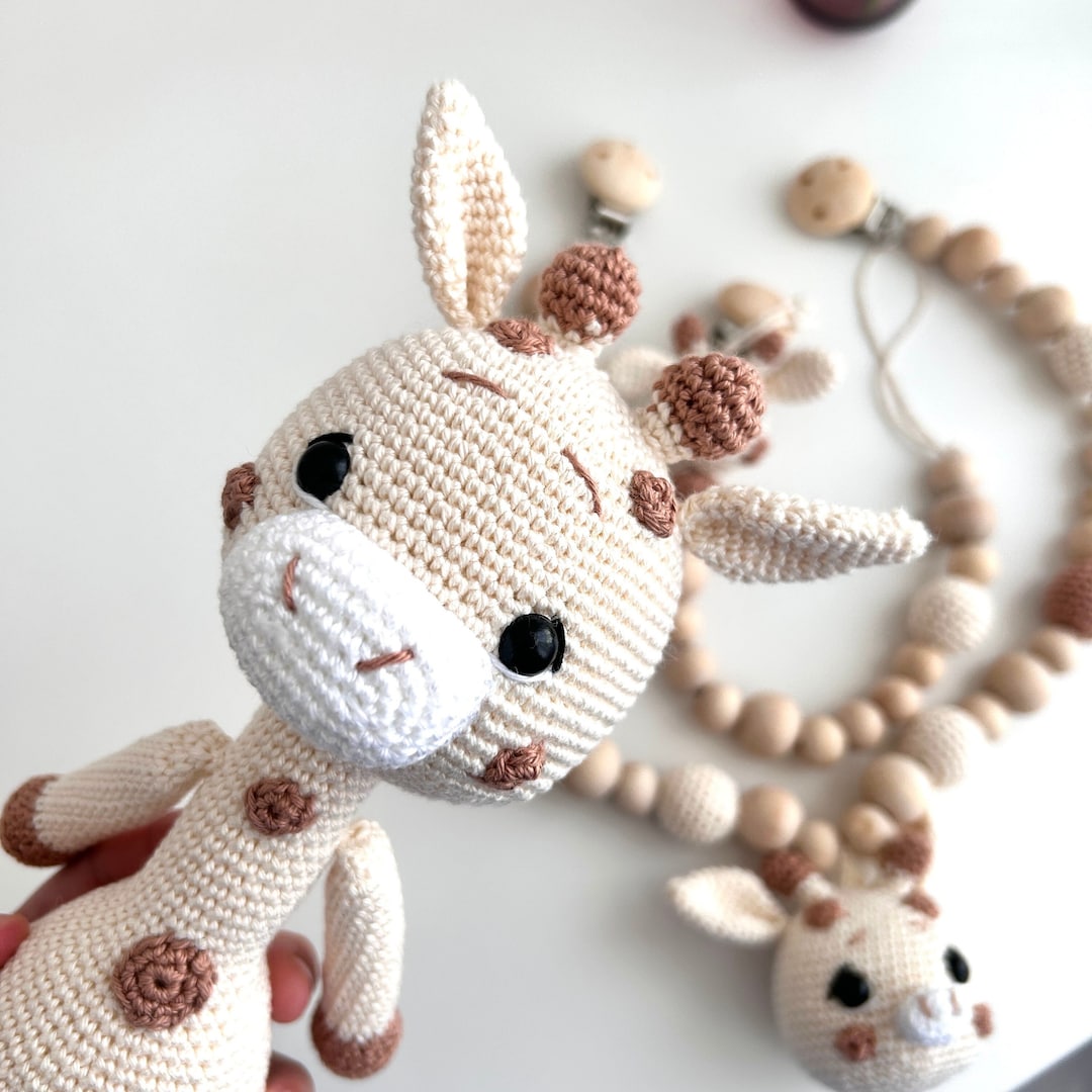 Crochet Giraffe Set: Organic Cotton Baby Rattle & Pacifier Holder - Etsy