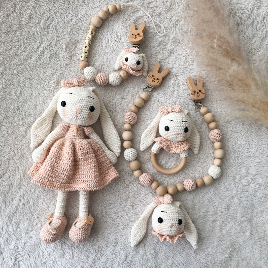 Crochet Rabbit Baby Toy Set: Organic Cotton Rattle & Pacifier Chain - Etsy