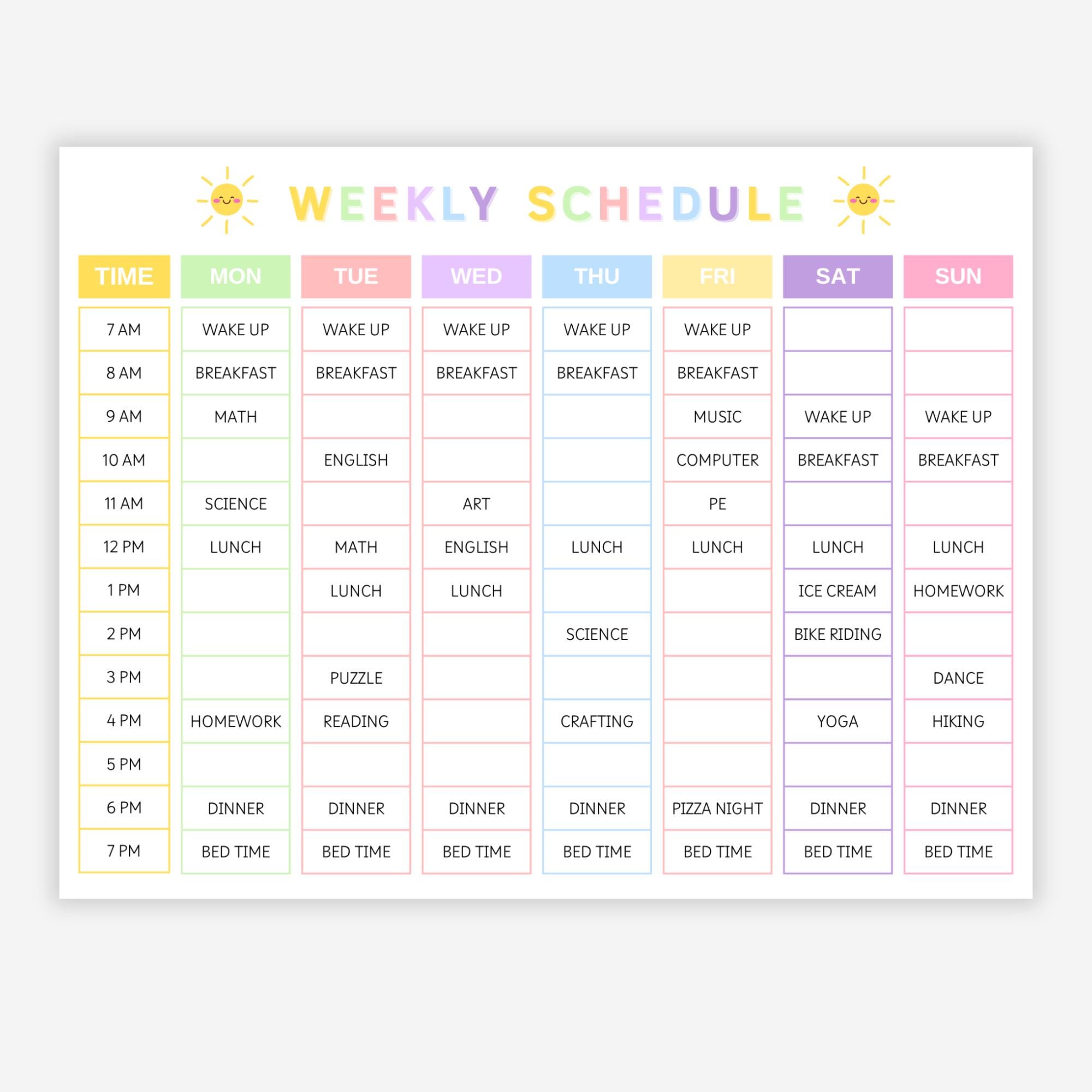 Kids Weekly Schedule Chart for School & Activities, Printable Weekly ...