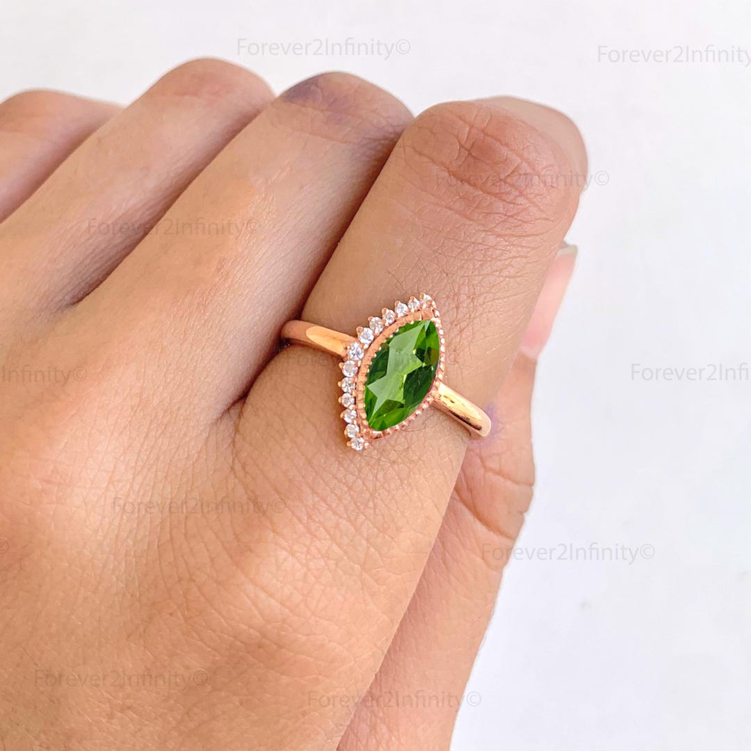 Natural Marquise Shape Peridot Engagement Ring, Vintage Green Peridot ...