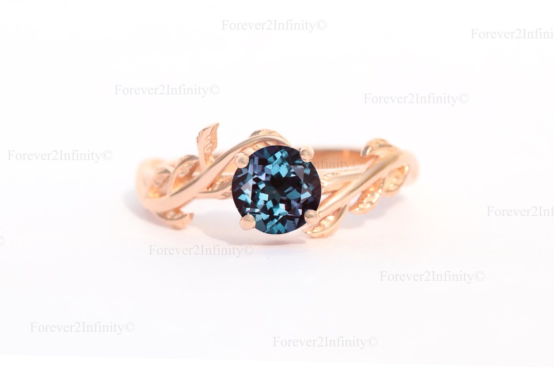 Round Alexandrite Engagement Ring, Leaf Flower Alexandrite Solitaire ...