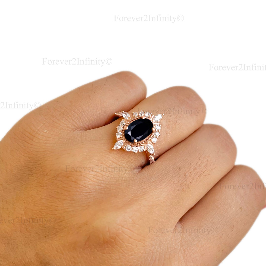 Art Deco Black Onyx Engagement Ring, 14K Rose Gold Oval Onyx Ring, Cluster Ring, Black Stone ...