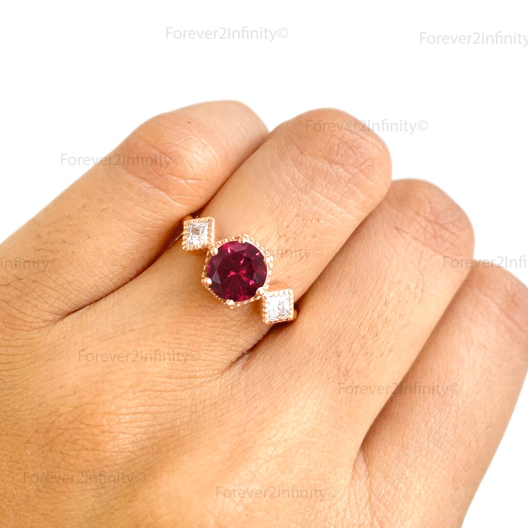 14k Rose Gold Ruby Engagement Ring, Vintage Unique Round Ruby Wedding ...
