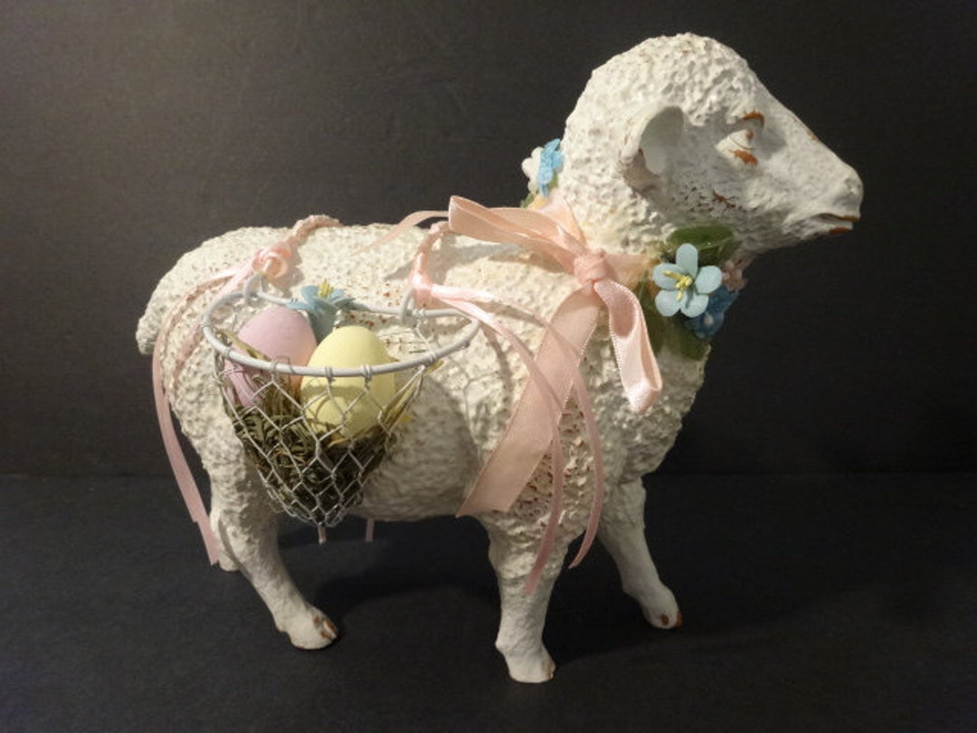 Vintage Lamb Decorated With Flowers and Ribbon Carrying Baskets of Eggs ...