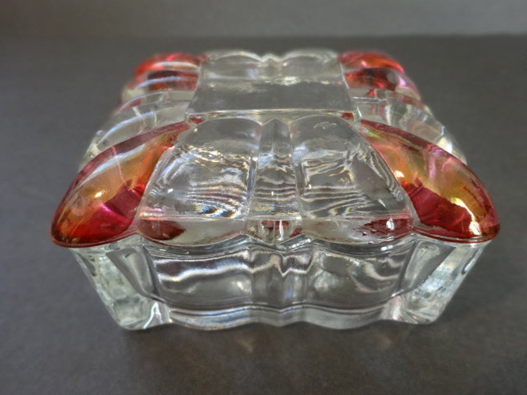 Vintage Clear Glass Trinket Box With Ruby Flash Corners - Etsy