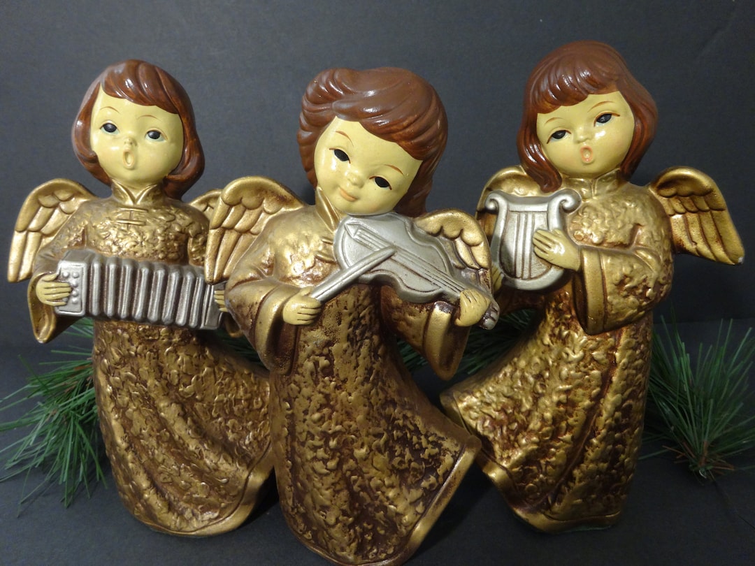 Vintage Gold Metalic Caroling Angels Playing Silver Toned Instruments ...